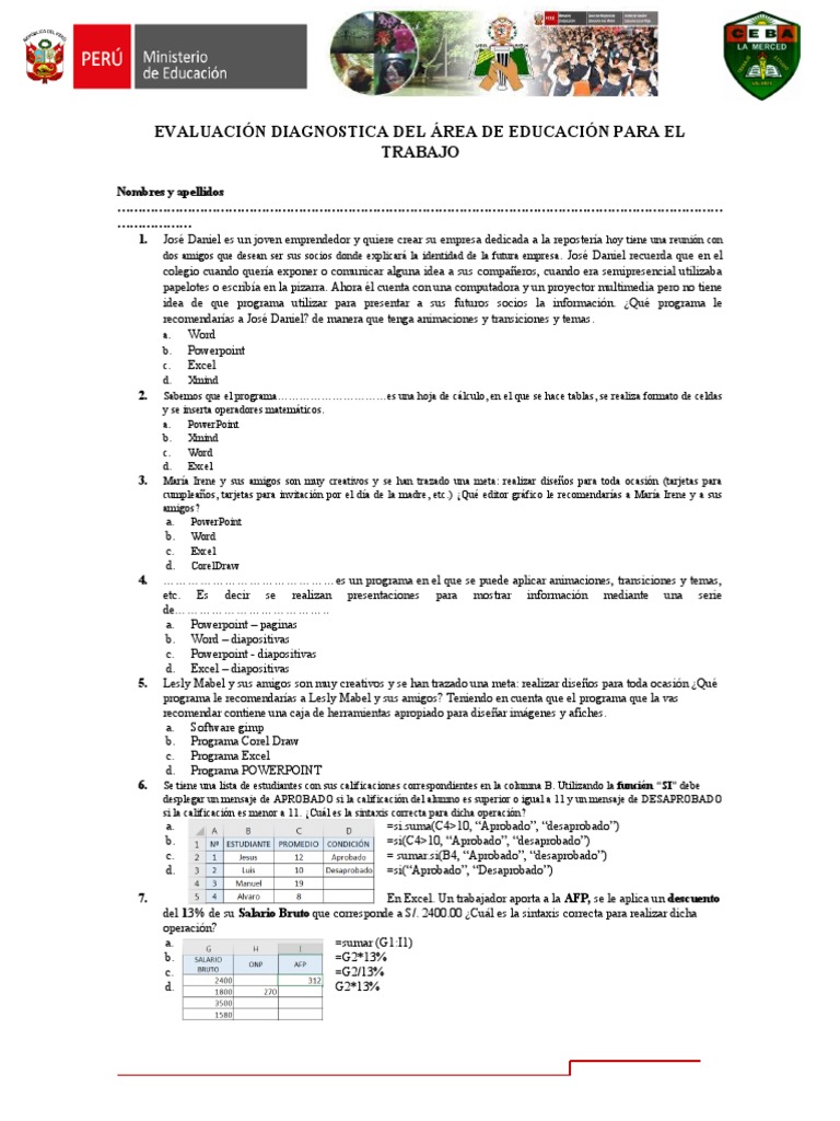 Evaluacion-Diagnostica EPT LA MERCED | PDF | Microsoft Excel | Microsoft PowerPoint