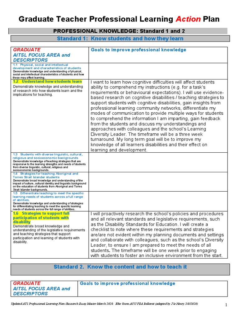 Graduate Teacher Professional Learning Action Plan | PDF | Educational ...