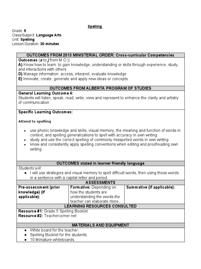 Grade: 5 Class/Subject: Language Arts Unit: Spelling Lesson Duration ...