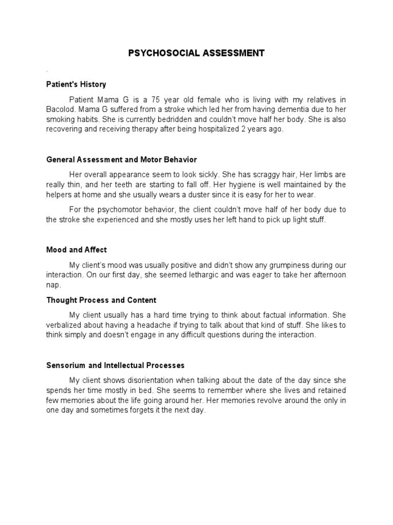 PSYCHOSOCIAL ASSESSMENT Documentation | PDF | Memory | Behavioural Sciences