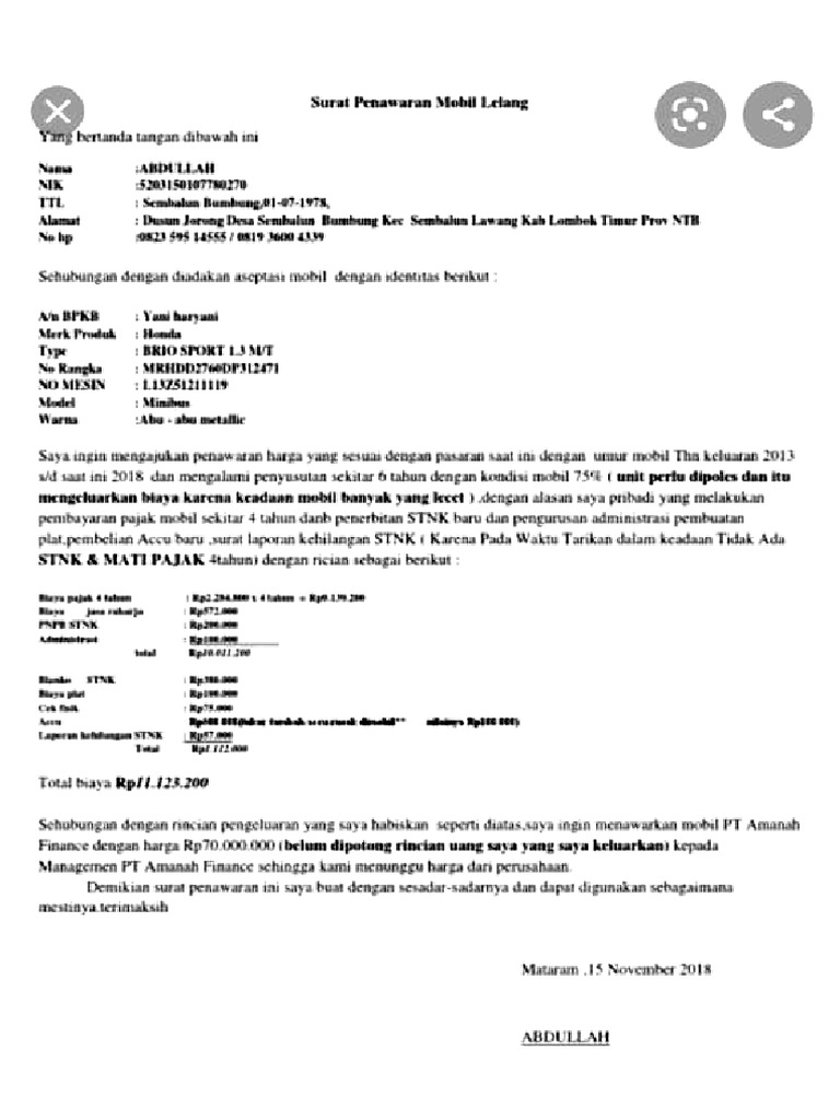 Surat Penawaran Mobil Lelang | PDF