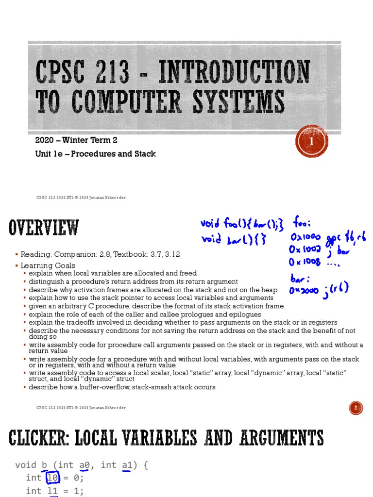 2020 - Winter Term 2 Unit 1e - Procedures and Stack: CPSC 213 2020 ST1 © 2020 Jonatan Schroeder ...