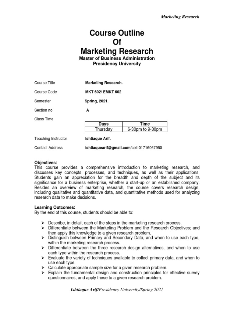 Course Outline of Marketing Research (For MBA) | PDF | Marketing ...
