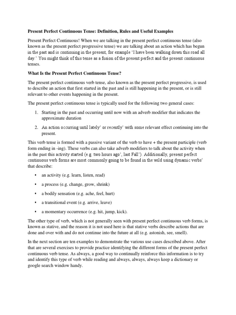 Present Perfect Continuous Tense | PDF | Grammatical Tense | Perfect ...