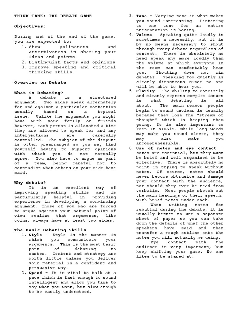 Think Tank - The Debate Game | PDF | Human Communication | Cognition