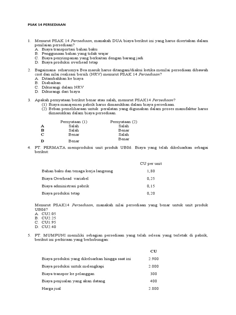 Soal Review Psak 14 Persediaan, Psak 58 (MHS) | PDF