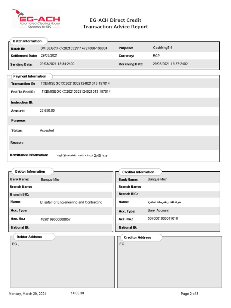 EG-ACH Direct Credit Transaction Advice Report | PDF | Finance & Money ...