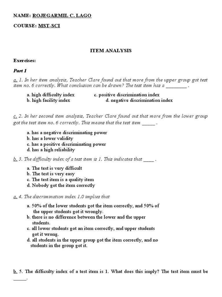 Test Item Difficulty and Discrimination Analysis | PDF | Multiple ...