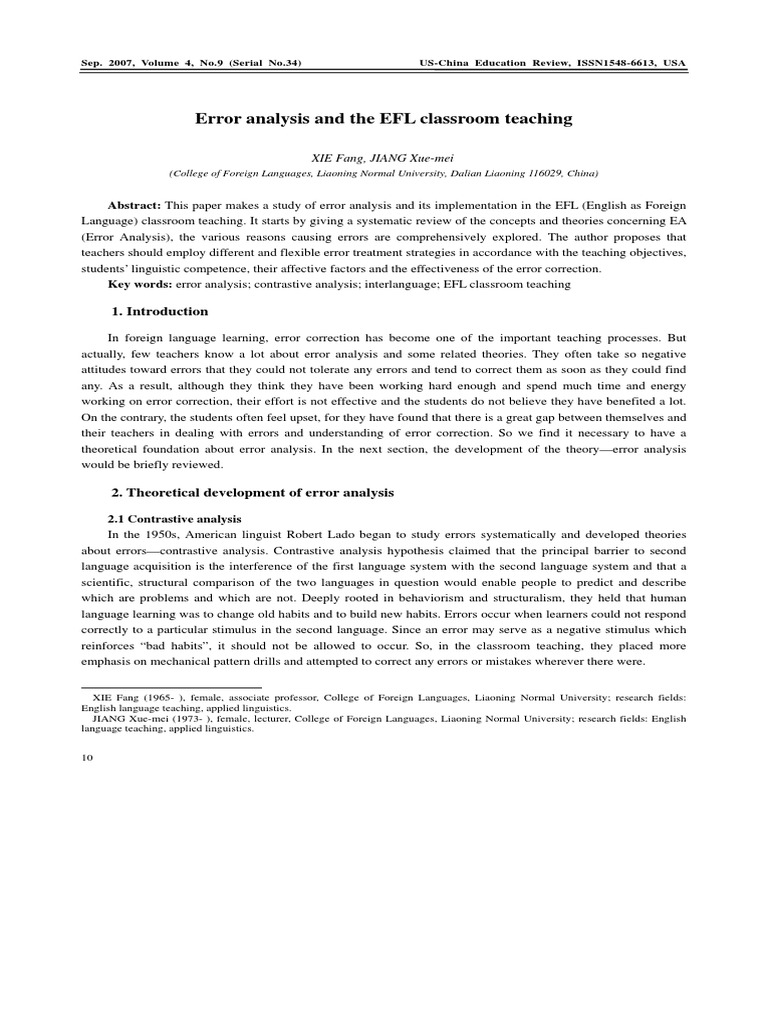 Error Analysis and The EFL Classroom Teaching (Xie 2007) | PDF | Second ...