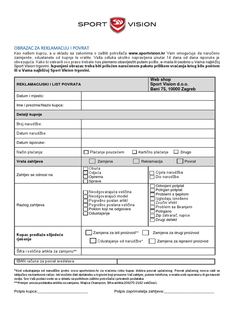 SV - Obrazac - Reklamacije I Povrati - 0102 - 2017 | PDF