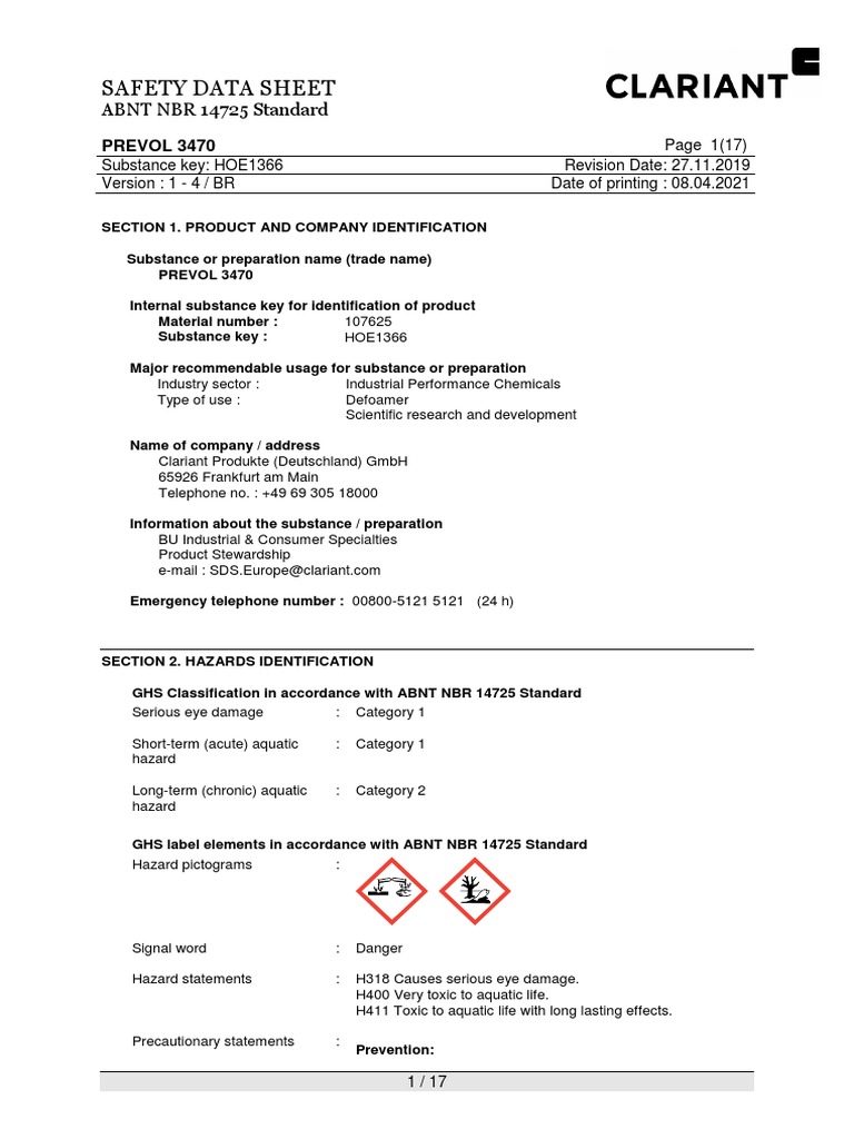 Clariant SDS Prevol 3470 Brazil English | PDF | Toxicity | Dangerous Goods