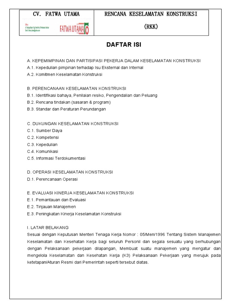Cv. Fatwa Utama Rencana Keselamatan Konstruksi (RKK) : Daftar Isi | PDF