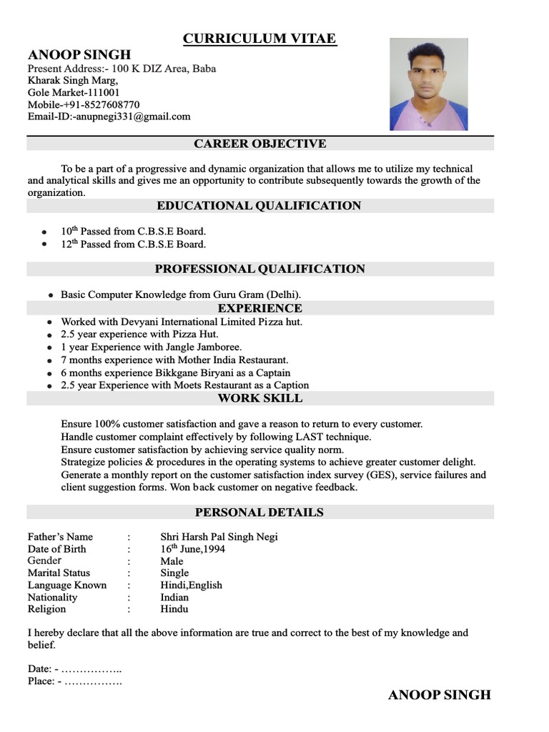 Curriculum Vitae Anoop Singh: Career Objective | PDF
