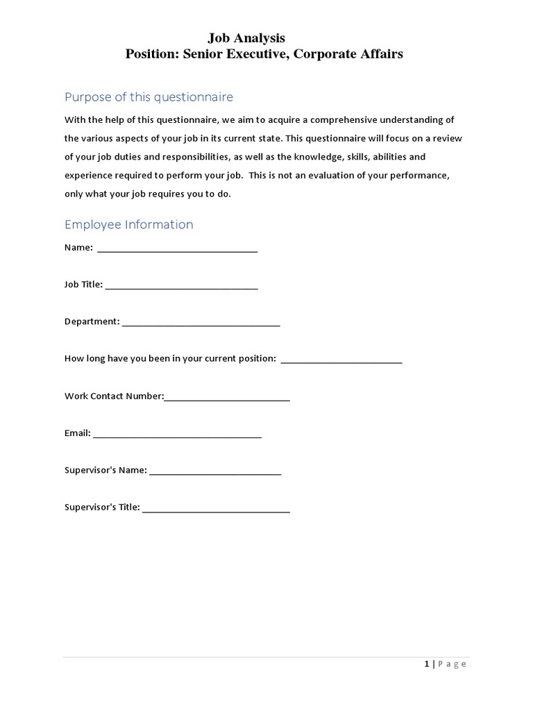 Purpose of This Questionnaire: Job Analysis Position: Senior Executive ...