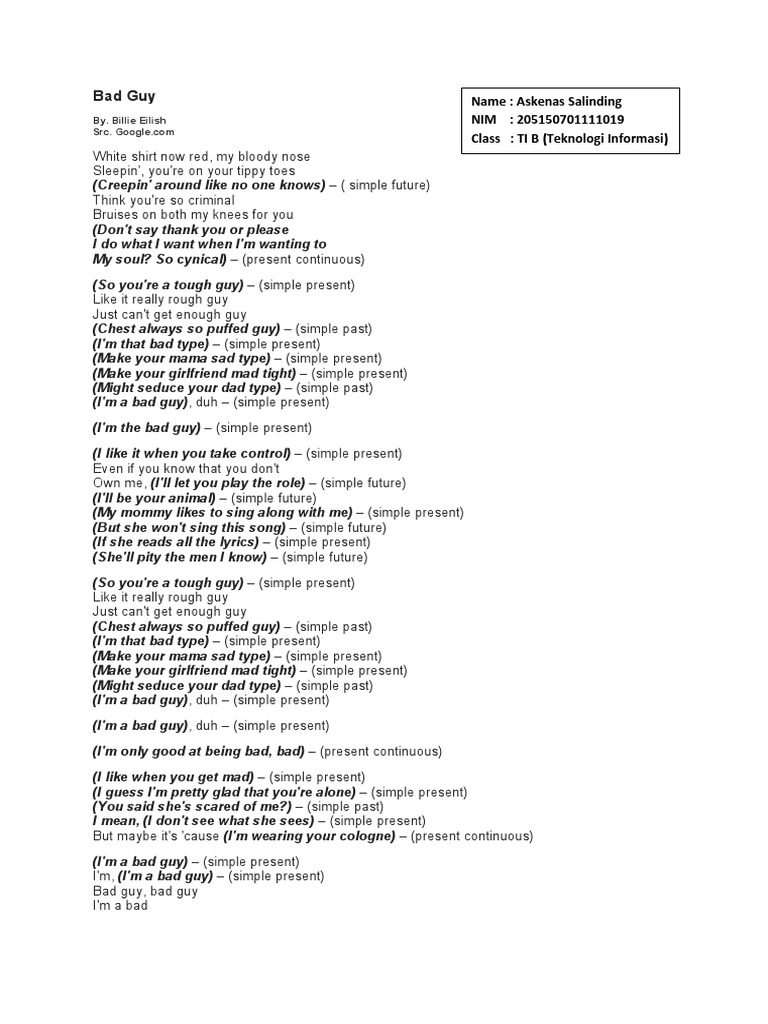 Billie Eilish's "Bad Guy" Analysis | PDF