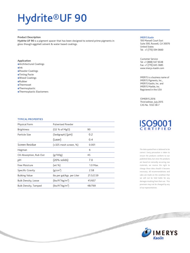 Hydrite®UF 90: (Μm) 0.2 (Laser) 0.4 Screen Residue | PDF | Materials ...