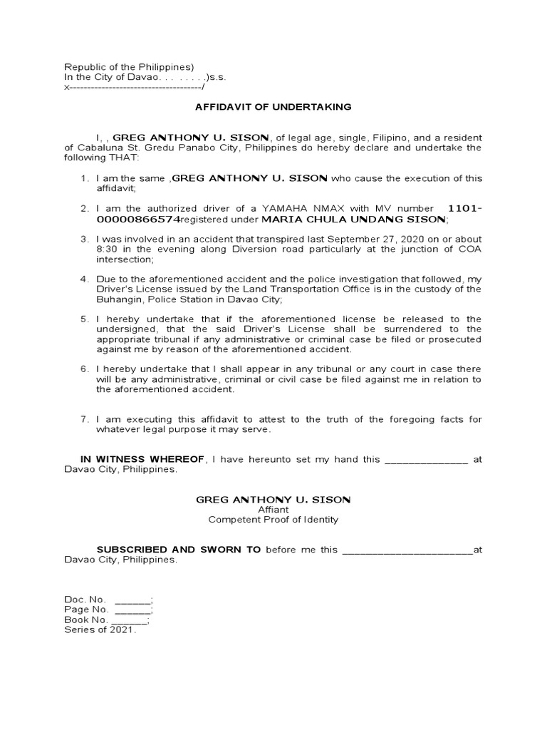Affidavit of Undertaking | PDF | Politics | Social Science