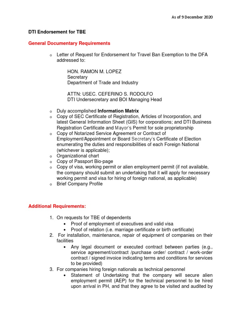 DTI Travel Ban Exemption Requirements | PDF | Travel Visa | Government