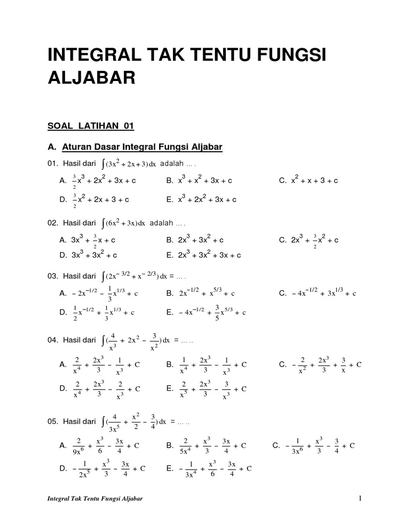 02-Soal Latihan 01-Aturan Dasar Integral Fungsi Aljabar (WWW - Defantri ...
