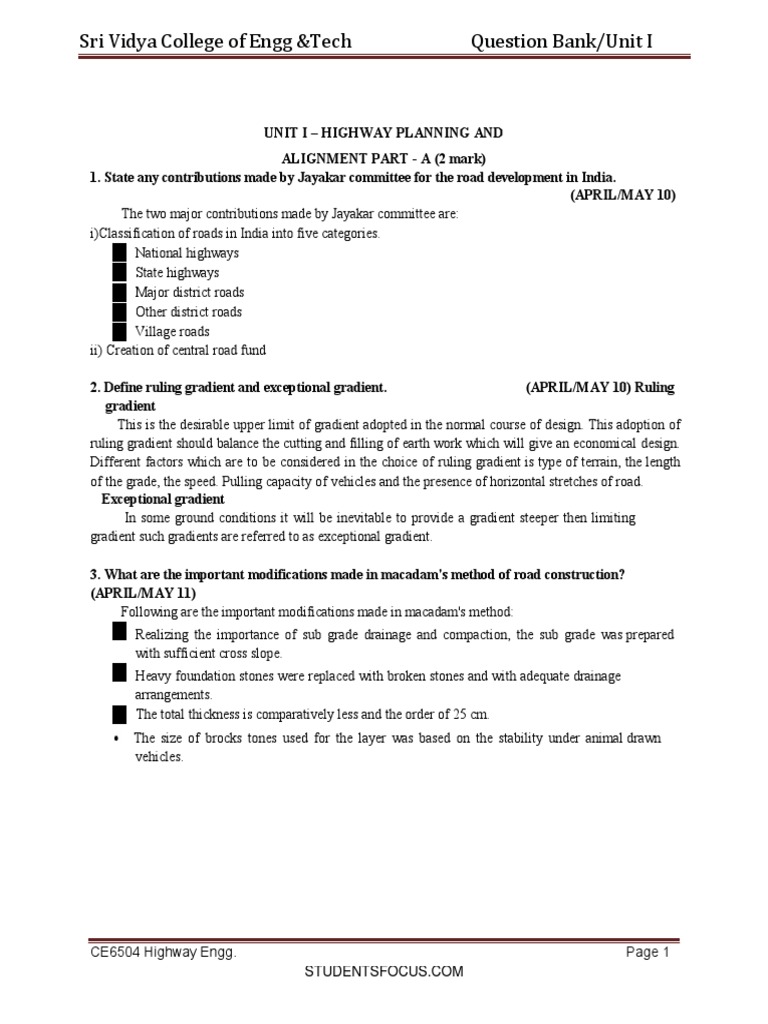 Sri Vidya College of Engg &tech Question Bank/Unit I | PDF | Road ...