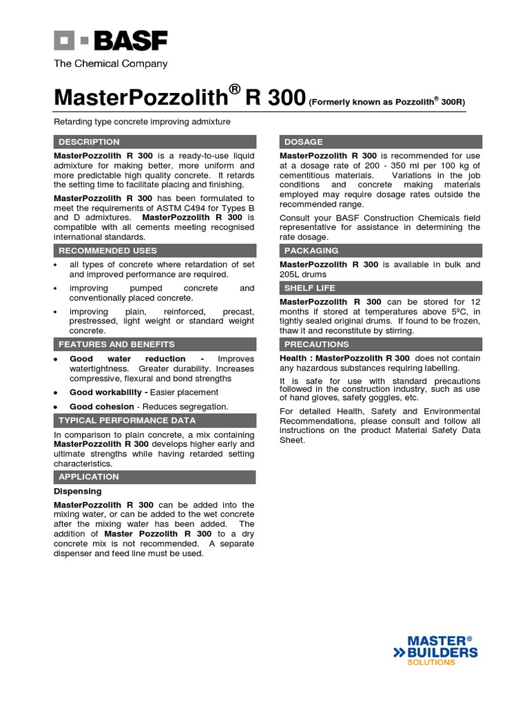 Masterpozzolith R 300: Description Dosage | PDF | Concrete | Materials