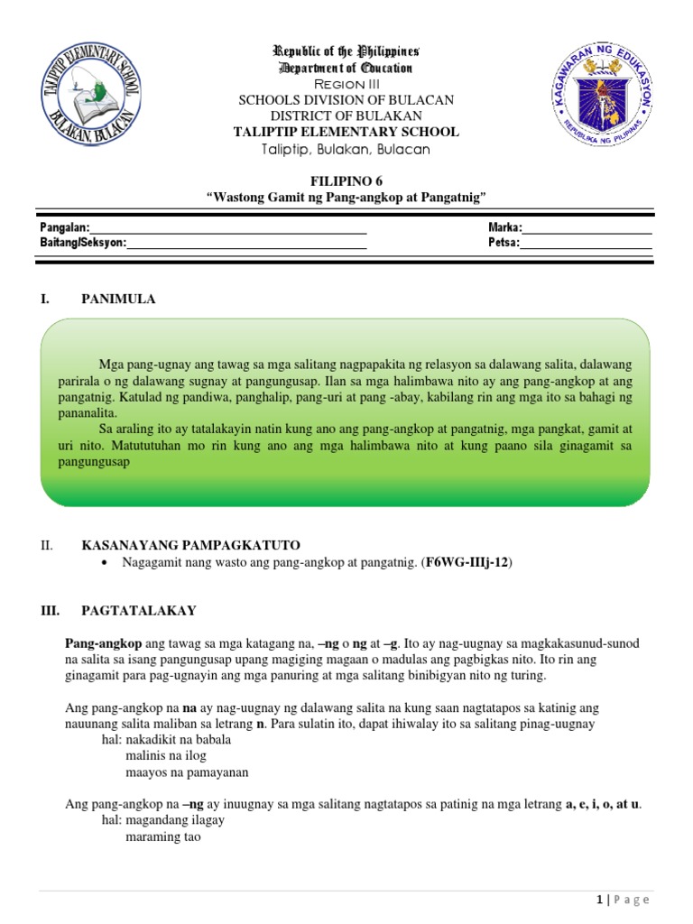 Filipino Activity 2 Wastong Gamit NG Pang-Angkop at Pangatnig | PDF