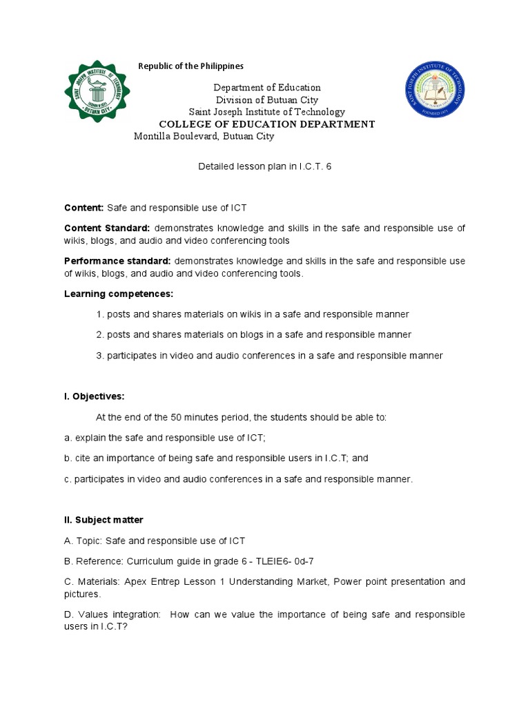 Grade 6 ICT Lesson Plan: Safe Use of ICT | PDF | Wiki | Educational ...