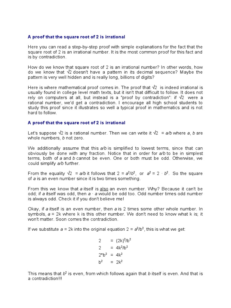 A Proof That The Square Root of 2 Is Irrational | Download Free PDF ...