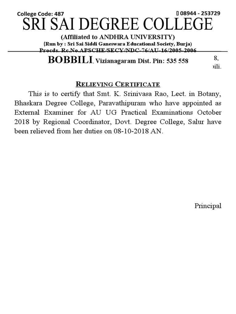 Relieving Certificate for External Examiner | PDF