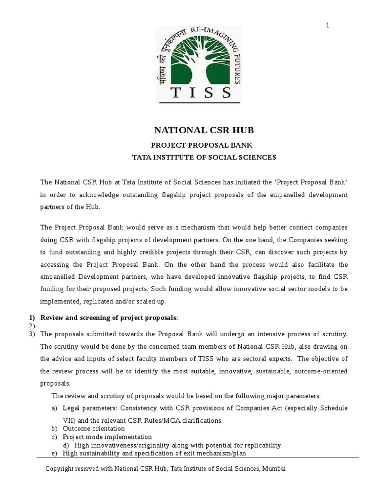 National CSR Hub: Project Proposal Bank Tata Institute of Social ...