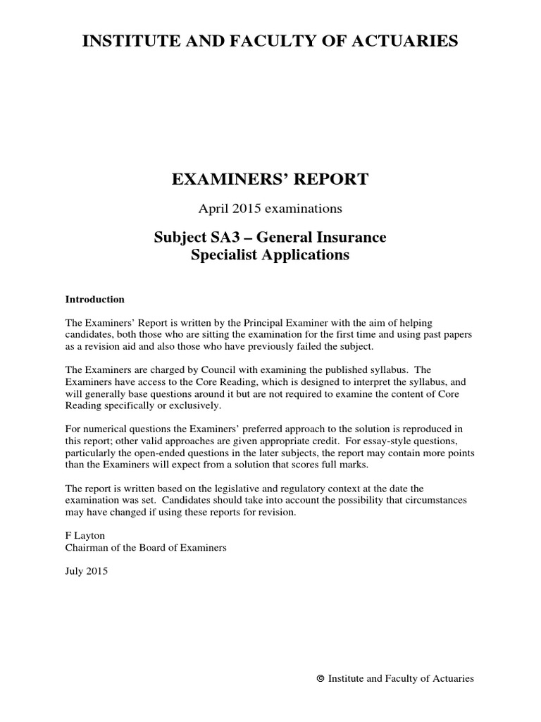SA3 Exam Insights: April 2015 Report | PDF | Reinsurance | Insurance