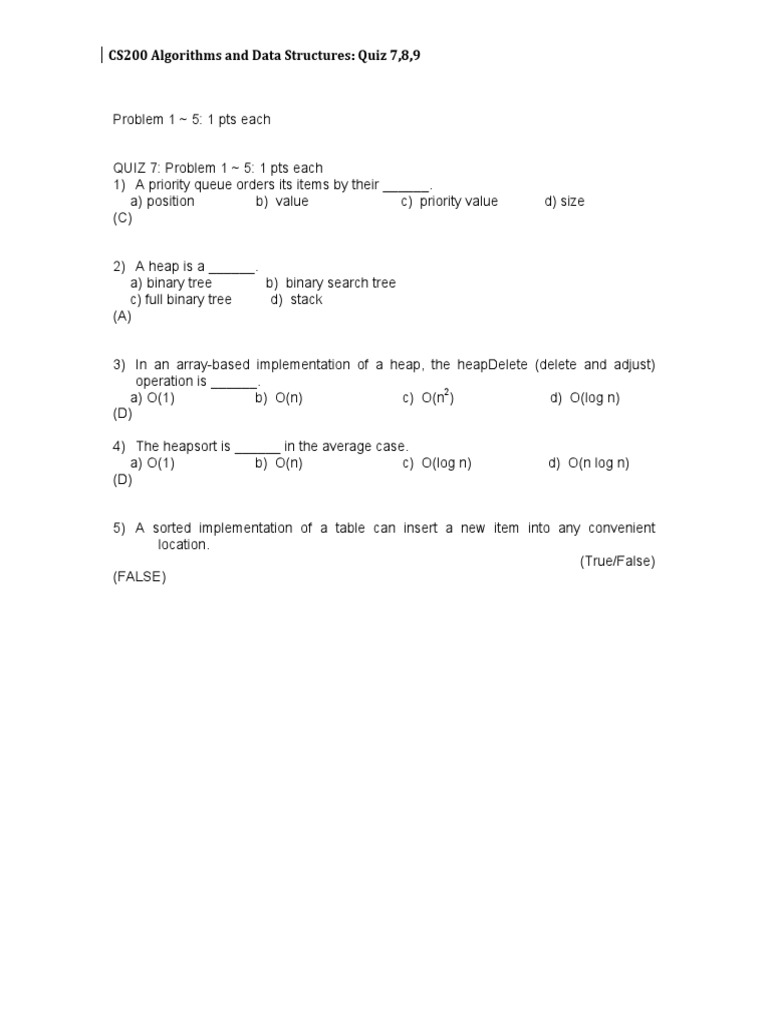 CS200 Algorithms and Data Structures: Quiz 7,8,9 | PDF | Vertex (Graph ...