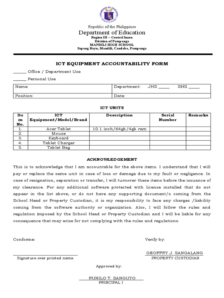 Department of Education: Ict Equipment Accountability Form | PDF ...