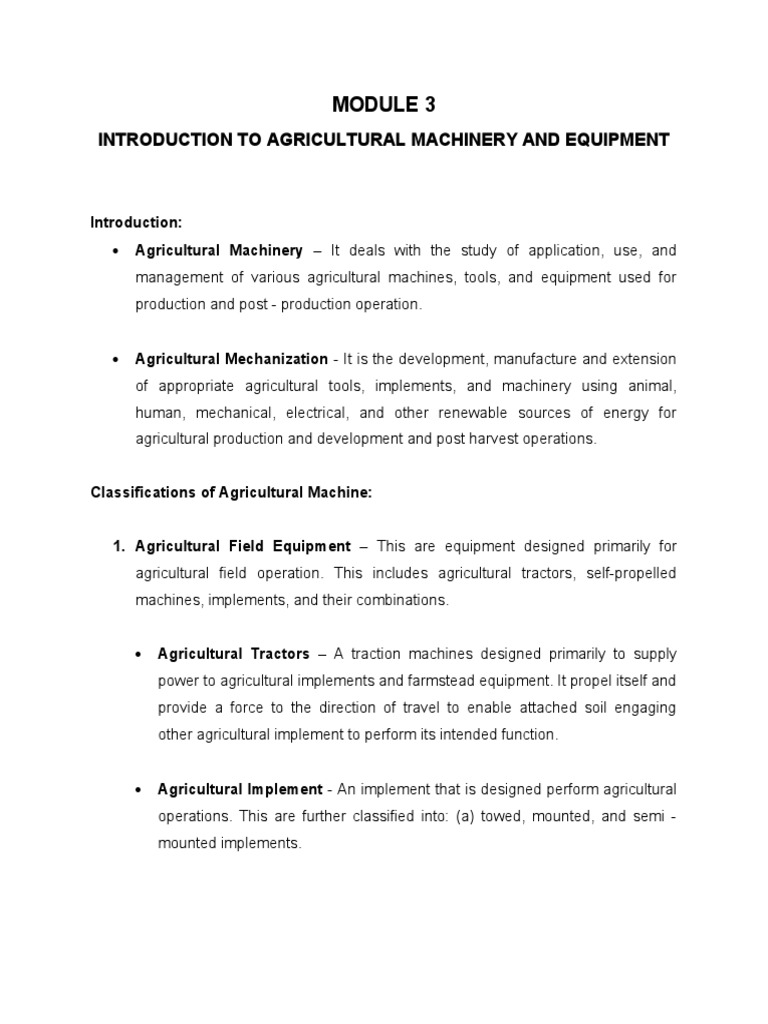 IT AGRI 3 Module 3 Intro Agricultural Machinery Equipment | PDF ...