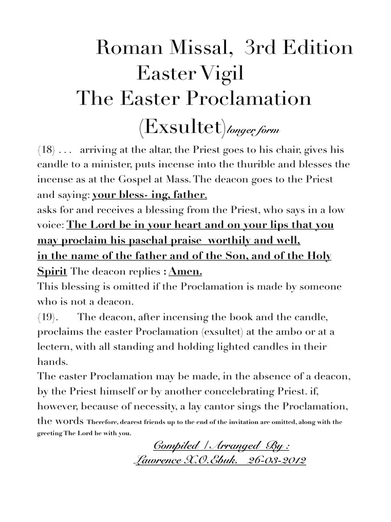 Roman Missal, 3rd Edition Easter Vigil The Easter Proclamation ...