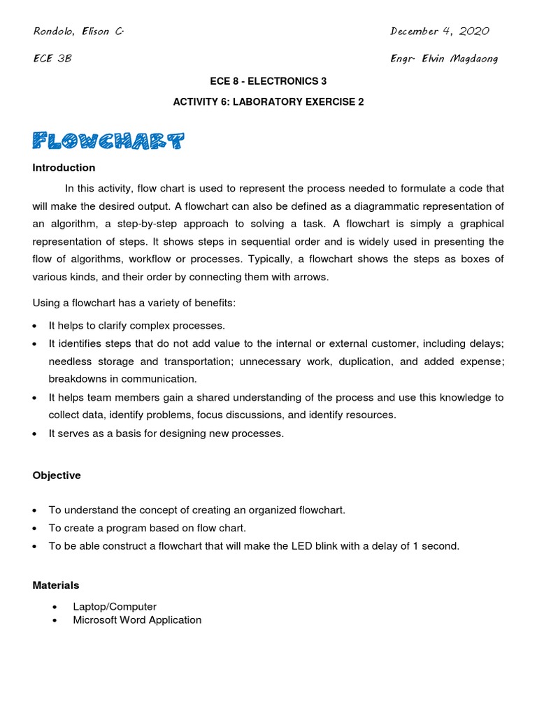 Flowchart: Ece 8 - Electronics 3 Activity 6: Laboratory Exercise 2 ...