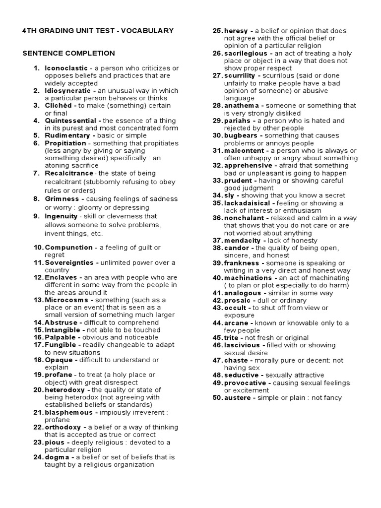 4TH Grading Unit Test Vocabulary | PDF | Human Nature | Psychological ...