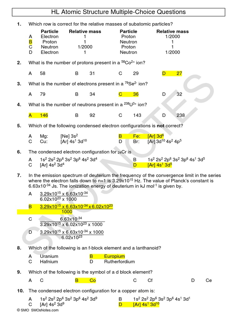 Atomic Structure HL Multiple Choice Questions Answers | PDF | Atoms ...