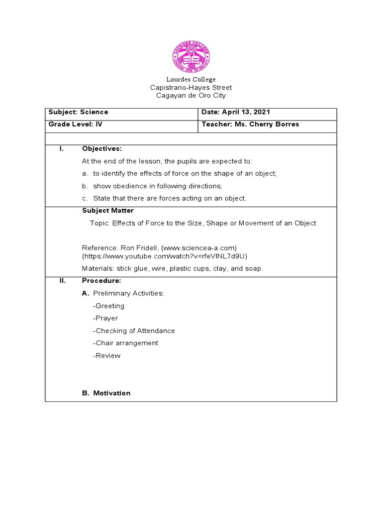 Subject: Science Date: April 13, 2021 Grade Level: IV Teacher: Ms ...