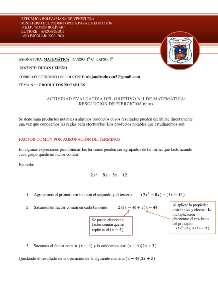 1ra Actividad Evaluativa de Matemática 2do-C 3lapso | PDF | Factorización | Multiplicación