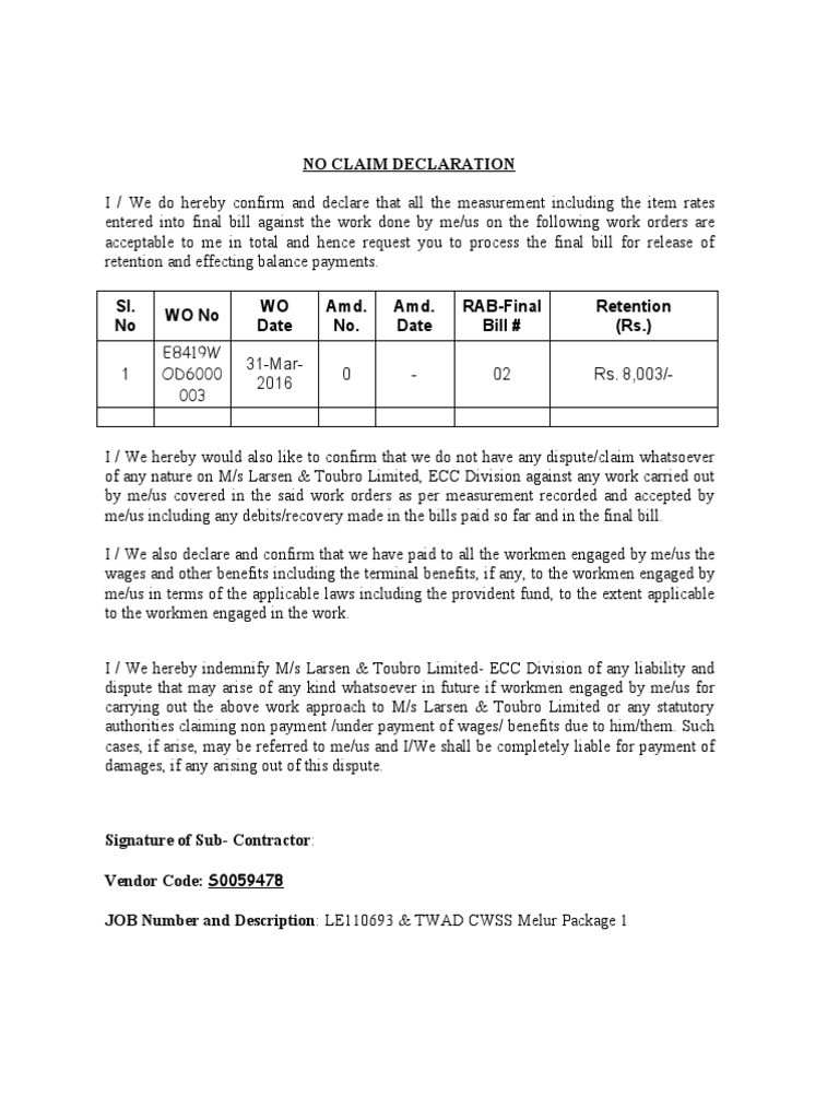 No Claim Declaration for Final Bill | PDF