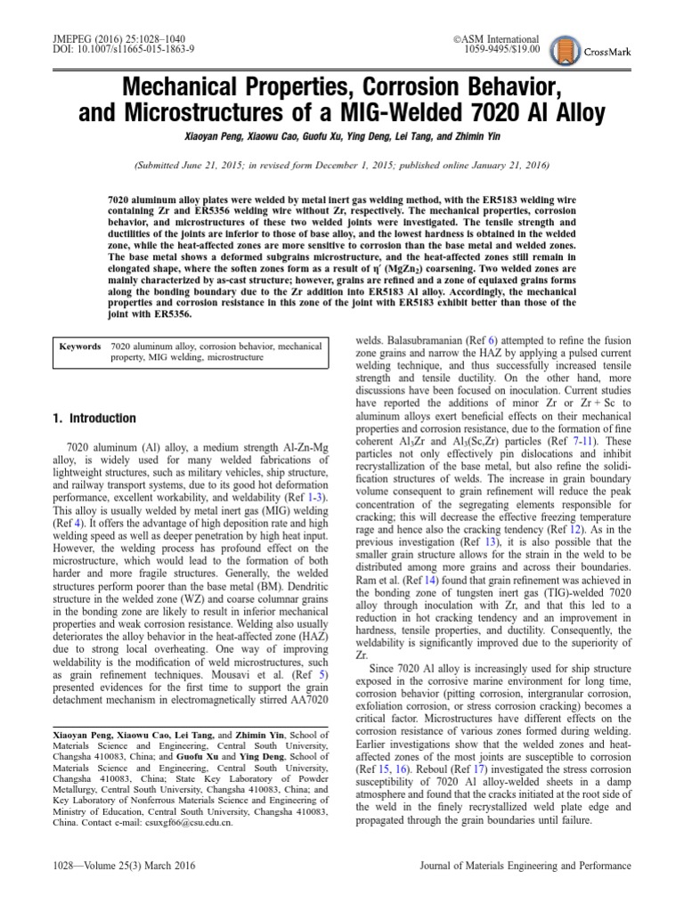 Mechanical Properties, Corrosion Behavior, and Microstructures of A MIG-Welded 7020 Al Alloy ...