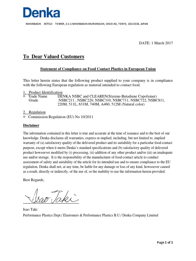 EU Compliance Statement for Food Contact | PDF