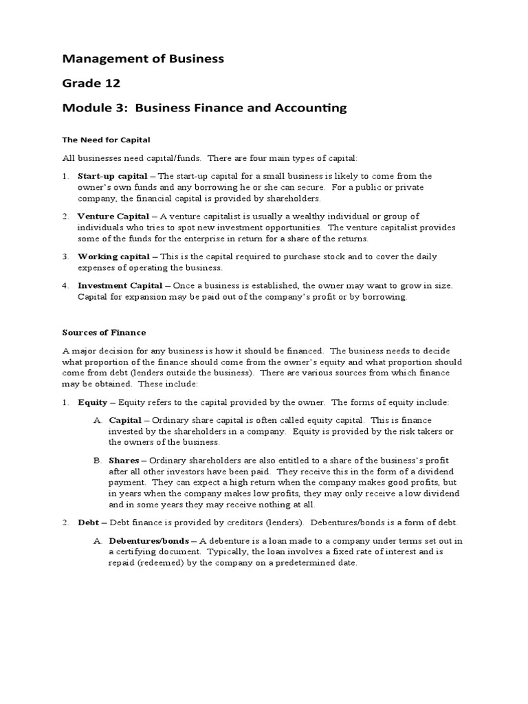 Management of Business Grade 12 Module 3: Business Finance and Accounting | PDF | Financial ...