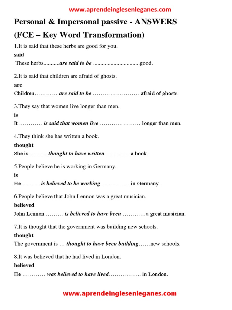 Impers. Passive (Key Word Transf. Exercises) ANSWERS | PDF