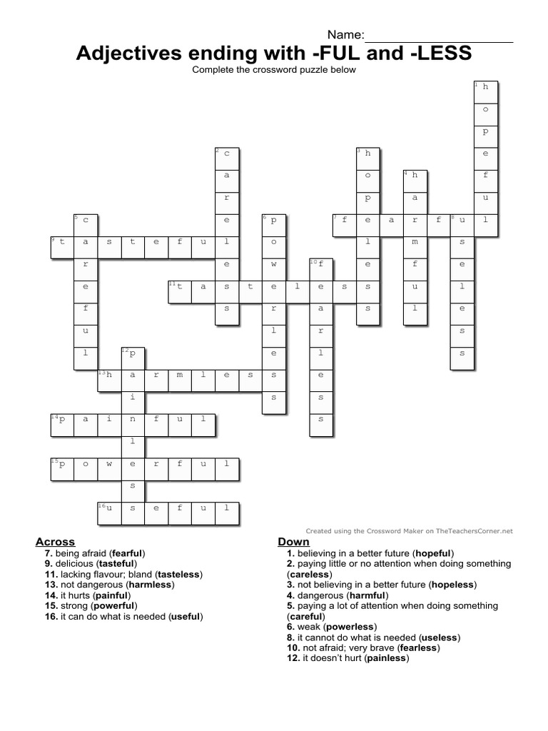 Adjectives: -FUL and -LESS Crossword | PDF | Word Puzzles | Puzzles
