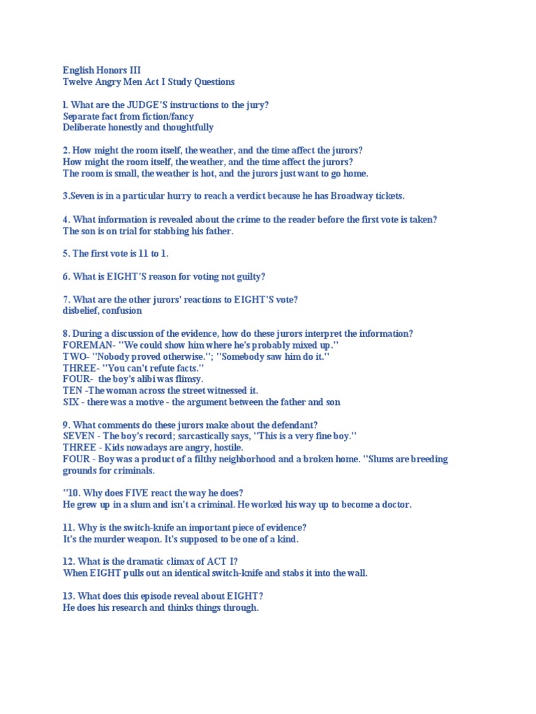 12 Angry Men Act 1 Questions-1 | PDF