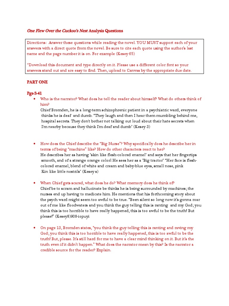 One Flew Over The Cuckoo's Nest Analysis Questions Part 1 | PDF