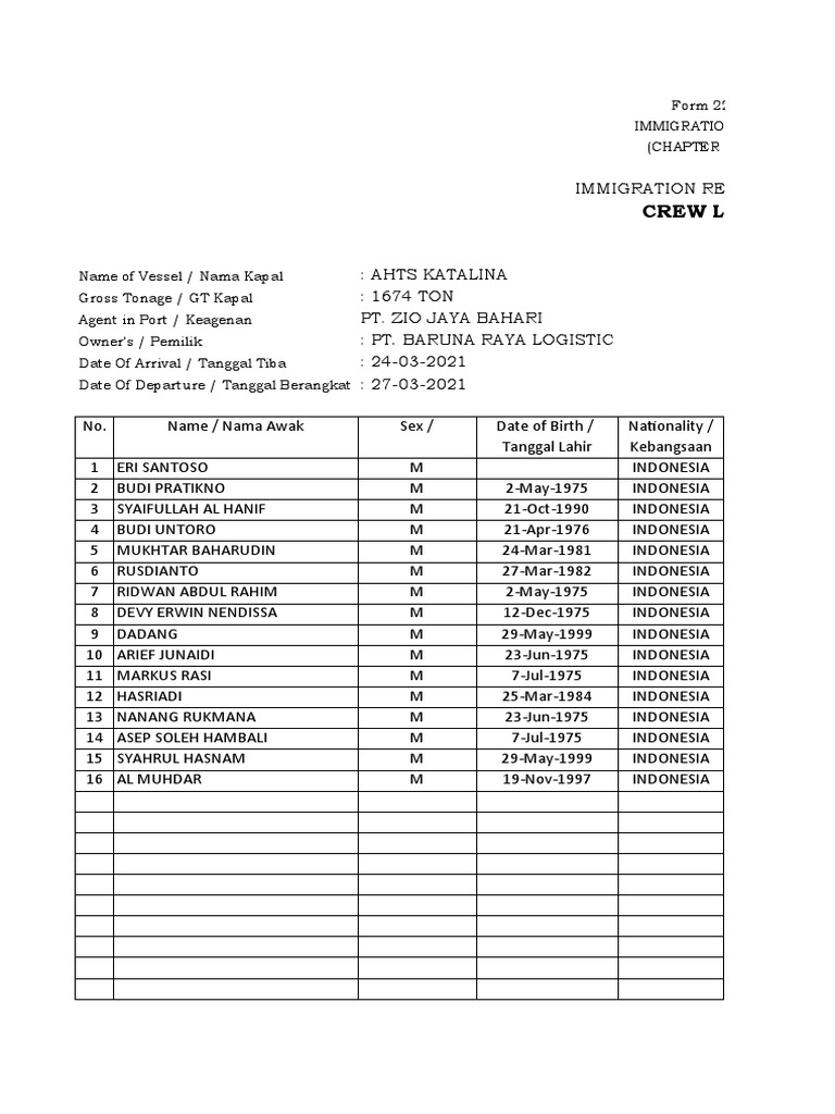 Crew List: Form 22 Immigration Act (CHAPTER 133) | PDF | Shipping ...