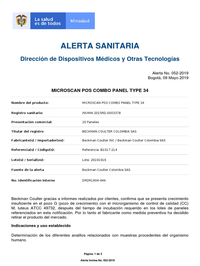 Alerta No - #052-2019 - MICROSCAN POS COMBO PANEL TYPE 34 | PDF ...